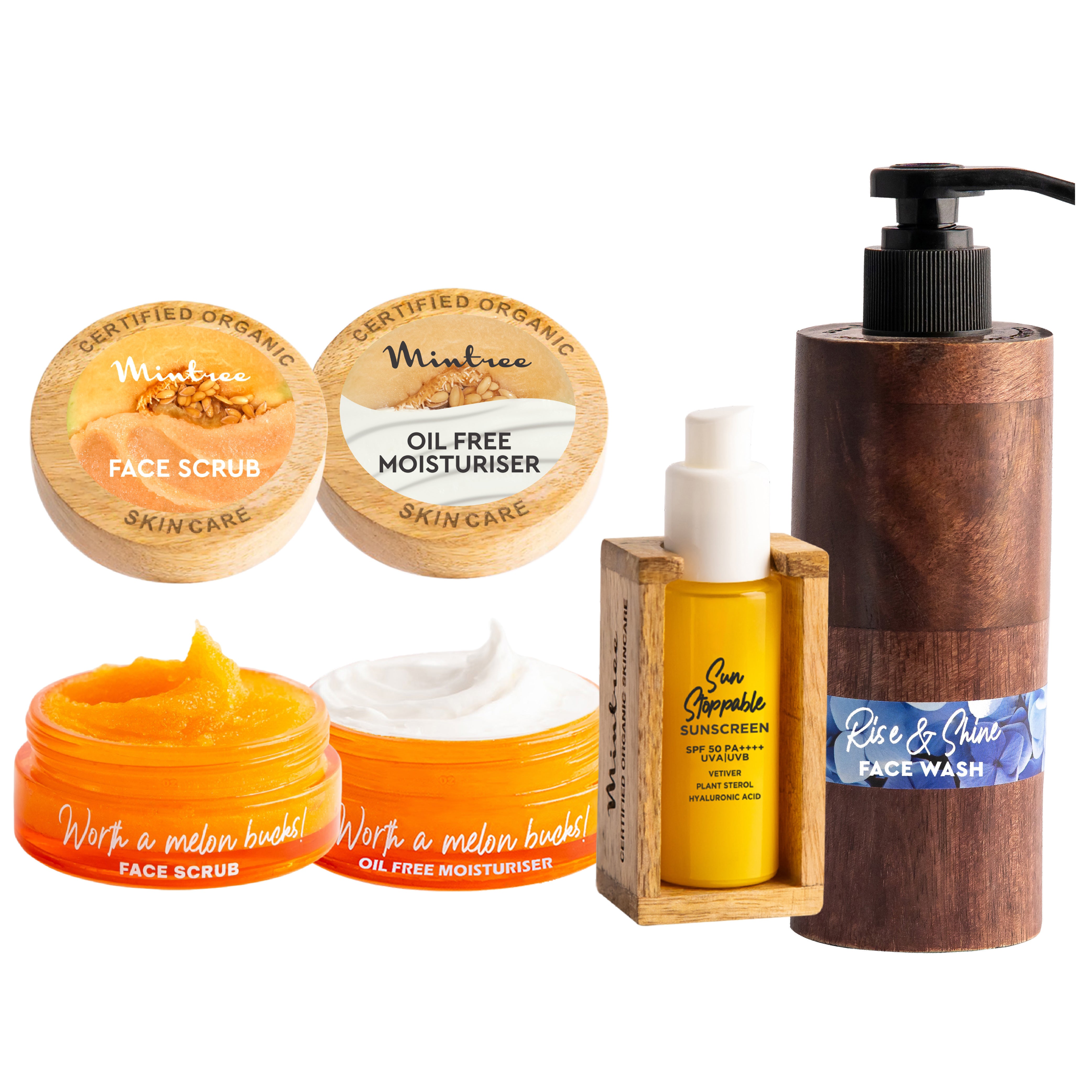 Melon Scrub, Melon Moisturizer, Sunscreen & Brightening Face Wash – Mintree